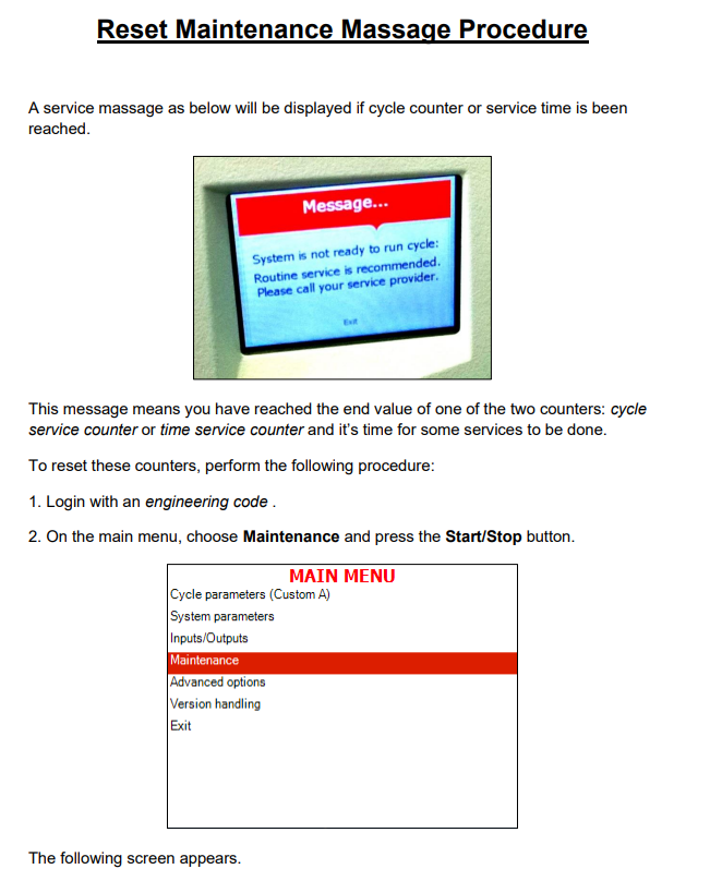 Reset Maintenance Massage Procedure – Tuttnauer
